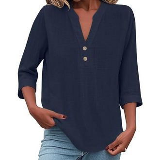 Generic Chemisiers Et Blouses Femme,T Shirt,Chemise Femme Coton Lin Chemisier &Eacute;l&eacute;gant Col pour Henley Couleur Uni Tee Shirt &Eacute;t&eacute; Haut Top Respirant T-Shirts Gr