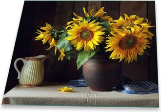 Decorwelt Herdabdeckplatte Abdeckung Ceranfeld Abdeckplatte Schneidebrett 1-Teilig 60x52 Sonnenblume Schwarz Gelb Spritzschutz Glasplatte Ceranfeldabdeckung Sch