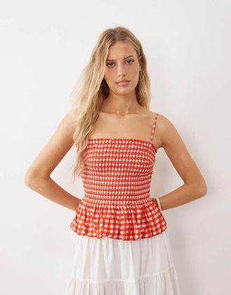 Free People Sundance - Top fronc&eacute; &agrave; bretelles - Vichy rouge