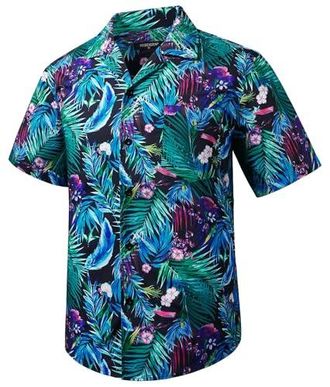 Hisdern Chemise Hawa&iuml;enne Homme Manches Courtes Poche Avant Cubaine Chemise &agrave; Fleurs Homme Aloha Imprim&eacute; Plage Casual &eacute;t&eacute; Chemise Bleu 4XL