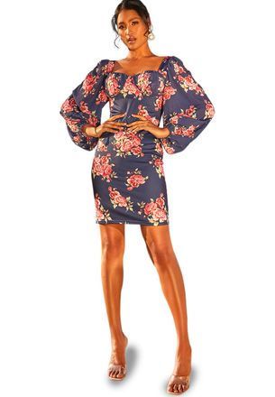 Chi Chi London Damen Figurbetontes Ballon&auml;rmeln in Marineblau mit Blumenmuster Kleid f&uuml;r besondere Anl&auml;sse, Navy, 42