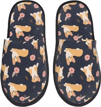 Generic Pantoufles DH&ocirc;tel Adorable Chiot Corgi Noir &Agrave; Fleurs Peluche Pantoufles Lavables Chausson Hotel Pour Chambre Invit&eacute; H&ocirc;tel M