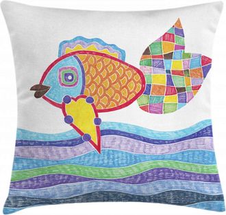 Abakuhaus Fisch Kissenbezug, Fischschuppen und Quadrat-Gekritzel, Kissenh&uuml;lle mit Rei&szlig;verschluss Beidseitiger Druck, 40 x 40 cm, Mehrfarbig
