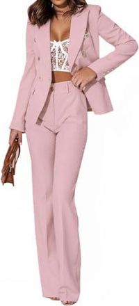 Minetom Tailleur Femme 2 Pièces Elegant Couleur Unie Slim Fit Manche Longue Blazer Veste Formel Bureau Travail Pantalon Ensemble Costumes Outfits A Rose 3XL