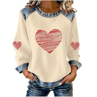Generic Sweat-shirt de Saint-Valentin pour femme r&eacute;tro en denim patchwork sweatshirt dr&ocirc;le mignon coeur graphique couture chemise en jean gaufr&eacute; tricot &eacute;pissu