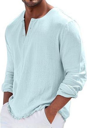 Generic Henley Chemise &agrave; manches longues en lin pour homme Polo &agrave; manches longues T-shirt d&eacute;t&eacute; boutonn&eacute; T-shirt de plage l&eacute;ger Ourlet ray&eacute; Manches longues Res