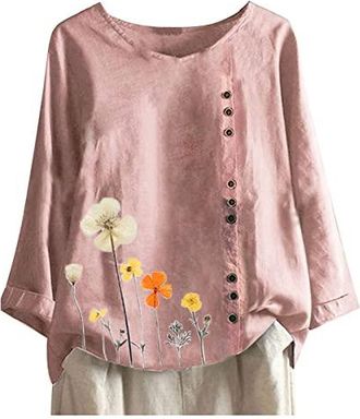 Generic Chemisier en lin pour femme &agrave; manches longues m&eacute;di&eacute;vales - Chemise en lin pour femme - Grande taille - Chemisier d&eacute;t&eacute; en mousseline - Col rond - Grand