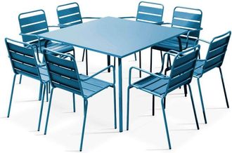 Oviala Ensemble table de jardin carr&eacute;e et 8 fauteuils en m&eacute;tal bleu pacific - Palavas
