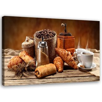 Feeby Vlies Leinwandbild XXL Kaffeebohnen Fr&uuml;hst&uuml;ck Geb&auml;ck Brauner Zucker 120x80 cm Wandbild Kunst Bilder Schlafzimmer Deko Wohnzimmer Holztisch M&uuml;sli Kaffe