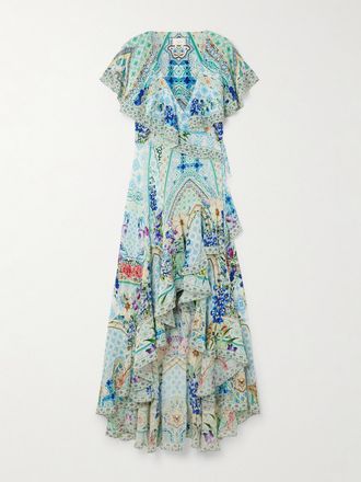 Camilla Asymmetrisches Maxi-wickelkleid Mit Rüschen Und Kristallen - Blau