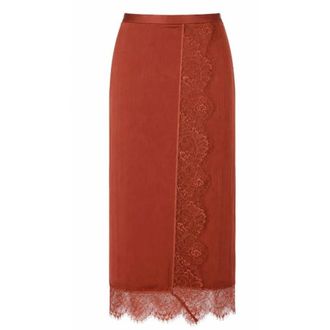 Twinset Jupe midi en satin froiss&eacute; et dentelle - Femme - Jupes - Brun - Taille: 36 FR