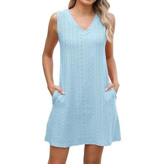 Generico Robe d&eacute;t&eacute; &eacute;l&eacute;gante et chic sans manches d&eacute;contract&eacute;e pour femme Robe courte &agrave; la mode mi-longue jusquau genou Robe de plage l&eacute;g&egrave;re et a&eacute;r&eacute;e, bleu clai