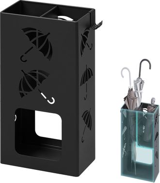Woltu Regenschirmst&auml;nder 2 Slots, Schirmst&auml;nder Regenschirm, mit 4 Haken, quadratischer Regenschirmhalter, f&uuml;r Eingangsbereich, 25x49x15 cm, aus Metall, Sch
