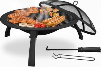 Relaxdays Feuerschale, &Oslash; Schale 51 cm, klappbare Beine, Grillrost, Funkenschutz, Sch&uuml;rhaken, Feuerstelle Garten, schwarz