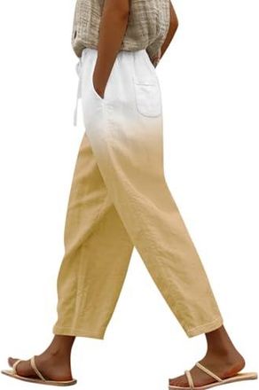 Generic Pantalon en coton et lin pour femme - Jambe large - Pantalon de plage d&eacute;t&eacute; pour femme - Confortable - Pantalon de yoga Palazzo XIYU26011, jaune, 3XL