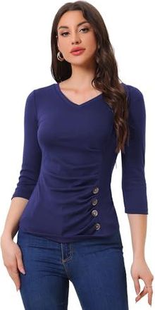Allegra K Chemisier à col en V pour femme - Manches 3/4 - Solide - Avec boutons décoratifs, bleu marine, 44