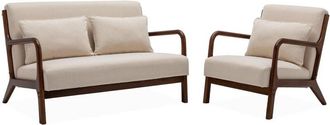 Sweeek 2-Sitzer Sofa + Sessel aus nussbaumfarbenem Hevea-Holz mit Bezug in beige - Sweeek