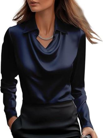 Onsoyours Chemisier Femme Satin à Col en V Manches Longues Chemise Chic et Élégante Casual Soie Shirts Tops A Marine XS