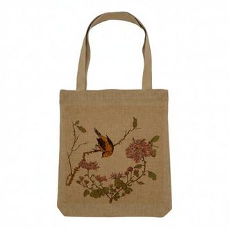 Fabulous Sac Shopping Tote Bag Aspect Lin - Oiseau sur une Branche Estampe Motif Floral Petales Japonais Tissu - Sac de Courses Toile Epaisse 360g Beige Nature