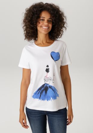 Aniston T-Shirt ANISTON CASUAL, Damen, Gr. 46, wei&szlig;, royalblau, schwarz, rosa, Single Jersey, Obermaterial: 95% Baumwolle, 5% Elasthan, bedruckt, figurumspiel