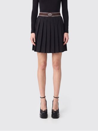Versace Mini-jupe pliss&eacute;e en laine et mohair &agrave; taille haute logot&eacute;e