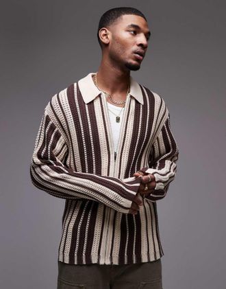 Topman Langärmliges, gestreiftes Polohemd aus Strick in Braun und Ecru-Bunt