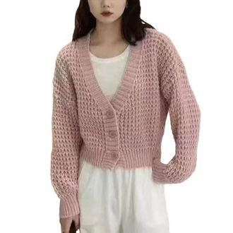 Generic Cardigan en tricot &eacute;pais pour femme avec col en V et bouton sur le devant, veste pull en laine douce et chaude, tenue basique dhiver, rose, Taille Uni