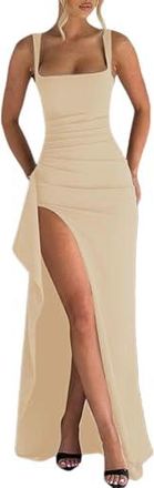 Generic Robe de soir&eacute;e longue pour femme - Robe &agrave; bretelles tendance et sexy - Dos nu - Robe d&eacute;t&eacute; en dentelle, Jaune clair., XS