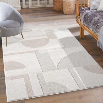 Carpet City Tapis de salon à poils courts crème - 200 x 290 cm - Motif profond - Effet 3D - Motif géométrique - Revêtement de sol à poils plats - Décoration de ch