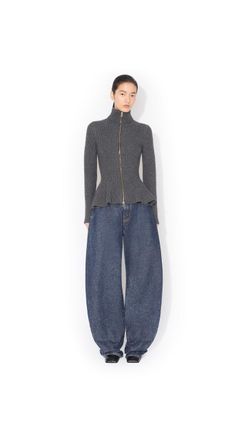 Alaia Womens Peplum Cardi Mix Material Gray Gilet Jacket