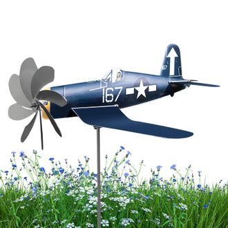 Generico Windspinner f&uuml;r den Garten: Drehbare Windm&uuml;hle aus Metall f&uuml;r Flugzeug, Hofdekoration mit mehrfarbigen R&auml;ndelklingen, langlebiger Graspfahl mit langem