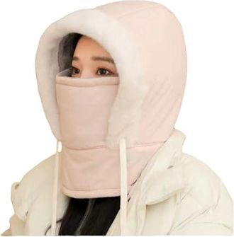 Generic Chapeau thermique 3 en 1 doublé en peluche épais avec masque facial, unisexe, coupe-vent, chaud, protection du visage, rose, Taille unique
