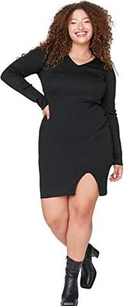 Trendyol Robe Moulante en Tricot avec col en V pour Femme, Noir, XXL