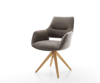 DELIFE Drehstuhl Yago-Flex mit Armlehnen Strukturstoff Soft Taupe Holzgestell kantig Natur 180&deg; drehbar Taschenfederkern, Esszimmerst&uuml;hle