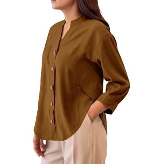 Generic Chemises en lin pour femme, chemisiers en coton et lin pour femmes, chemises d&eacute;t&eacute; en coton avec col en V, boutons, manches longues, chemisier respiran