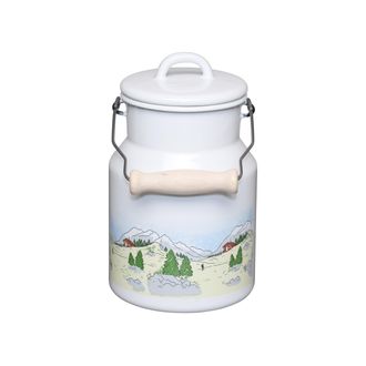 Riess 0449-184, Milchkanne mit Emaille Deckel und Holzgriff, 1L Inhalt, LANDLUST; LBH 15x13.1x15.8cm, Gew. 0.57, Milchkanne aus Edelstahl mit 1,5 Liter Fass