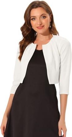 Allegra K Boléro en Mousseline Femme Blazer Court de Bureau à Haussement dÉpaules et à Manches 3/4 Cardigan Léger Court Plissé sans Col Blanc XL
