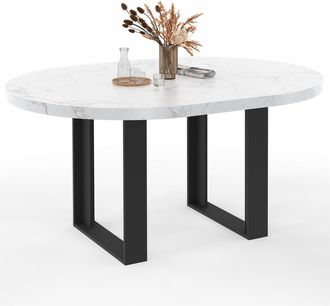 IDMarket Ausziehbarer runder Esstisch Phoenix 4-6 Personen Tischplatte Marmoreffekt wei&szlig; Alaska 110-150 cm