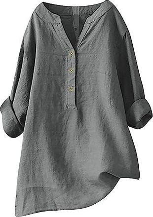 Generic T-shirt pour femme - Chemisier ample boutonn&eacute; - Col montant - Col &agrave; manches solides - Longue chemise d&eacute;contract&eacute;e pour femme, gris, XXL