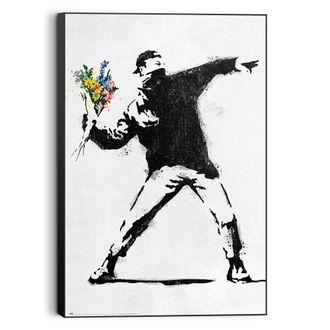 Reinders Wandbild, Banksy - floral bomber, Wohnzimmer, Bilder, Wanddeko, Room Decor, MDF, Schwarz-Wei&szlig;, 90 x 60