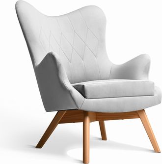 MG Design Ohrensessel aus Samt in Hellgrau - Bequemer Polstersessel mit Holzbeinen, hoher R&uuml;ckenlehne & weichem Samtbezug f&uuml;r Wohnzimmer oder Schlafzimme