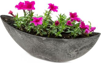 Matches 21 Ovale Pflanzschale für draußen - große Schiff Deko-Schale in schwarzer Stein-Optik als Blumen-Topf Pflanztopf - 55 cm Jardiniere für Garten Balkon ode