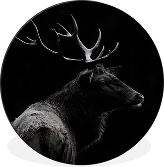 MuchoWow Wandbild Rund Wanddeko Deko Wohnzimmer Bilder 90x90 cm Hirsch - Schwarz - Weiß - Geweih