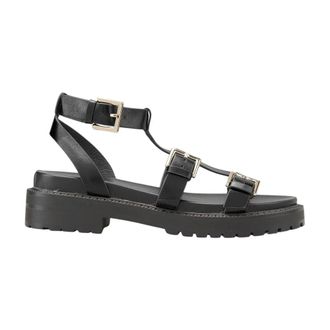 Cosmoparis Femme, Chaussures, Noir, Taille: 36 EU Sandale en cuir noir avec semelle tendance et boucles dor&eacute;es