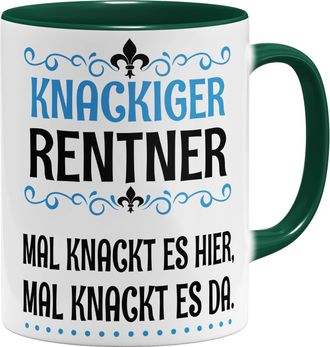 OM3 Knackiger Rentner Rente Kaffee-Tasse mit Spruch - Abschiedsgeschenk Ruhestand Rente - Keramik Becher - 11oz 325ml - Beidseitig Bedruckt - Grün