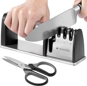 Navaris Aiguiseur Couteaux - Aiguisoir Manuel en Acier Inoxydable pour Couteau et Ciseaux en 3 &Eacute;tapes - Affuteur de Couteaux de Cuisine Adapt&eacute; pour Droitier e