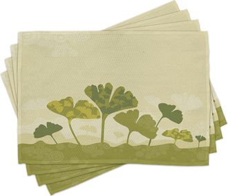 Abakuhaus Gingko Platzmatten, Baum-Blatt-Stamm Biloba natürliche Gebogene Blätter-Saisonernte-Grafik, Tiscjdeco aus Farbfesten Stoff für das Esszimmer und Küch,