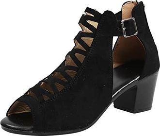 Generic Sandales &agrave; bout ouvert pour femme - Sandales tendance &agrave; talon bloc - Sandales &agrave; bouche de poisson - Sandales de gladiateur en daim - Chaussures respir