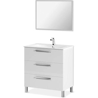 PEGANE Pegane - Meuble de salle de bain sous vasque 3 tiroirs - Miroir inclus - Dimensions 80x45x86 cm - Panneau agglom&eacute;r&eacute; haute densit&eacute; blanc brillant
