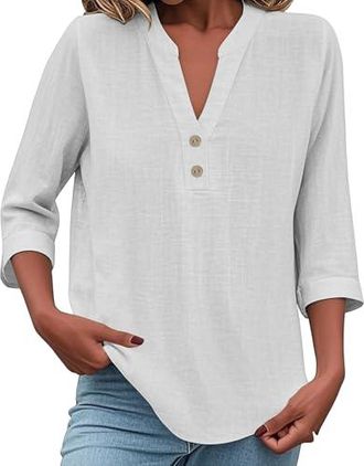 Generic Top,T Shirt,Chemise Femme Coton Et Lin Chemisier Élégant À Col en V pour Femmes Henley Chemisier Couleur Uni Tee Shirt Été Haut Top Respirant T-Shirts